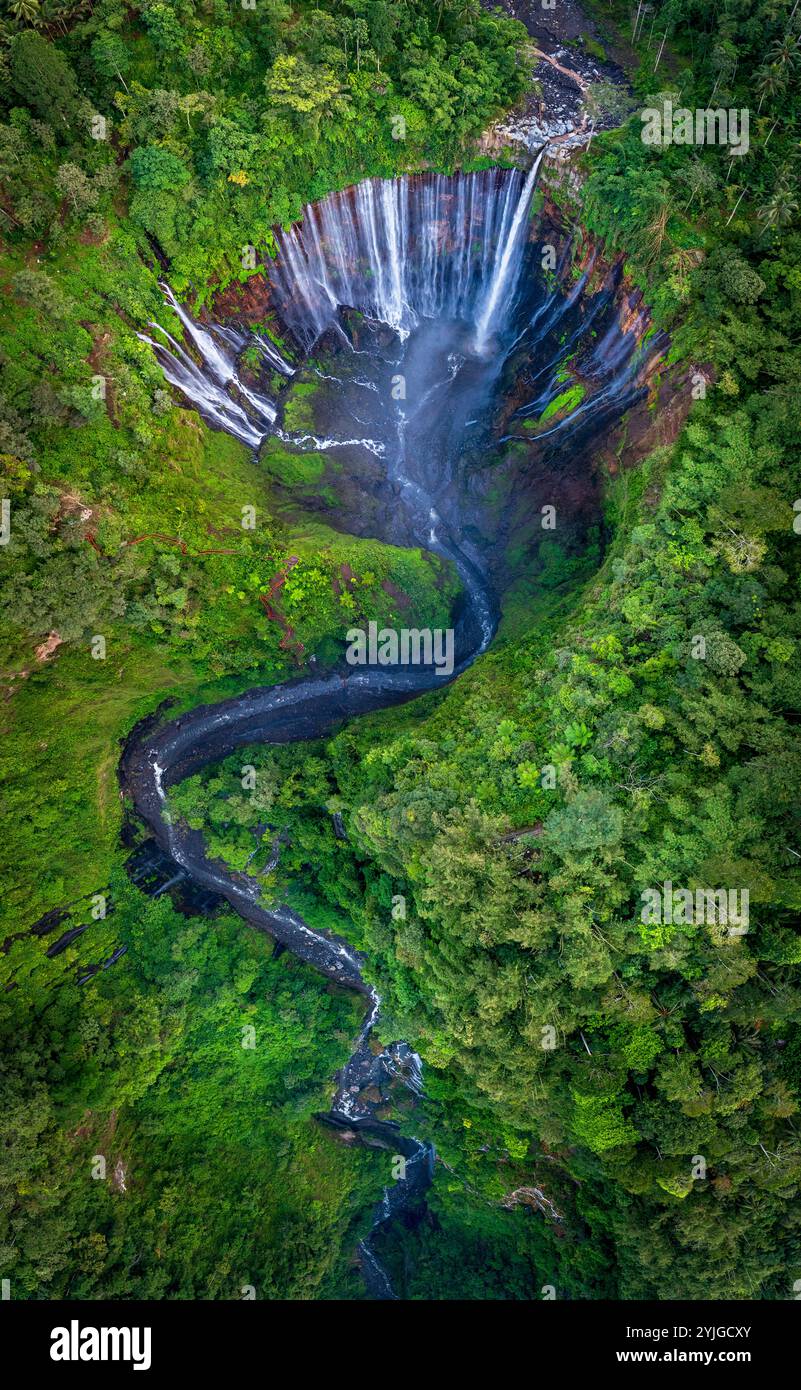 Aerial top view from above of Tumpak Sewu waterfall in Malang, East ...