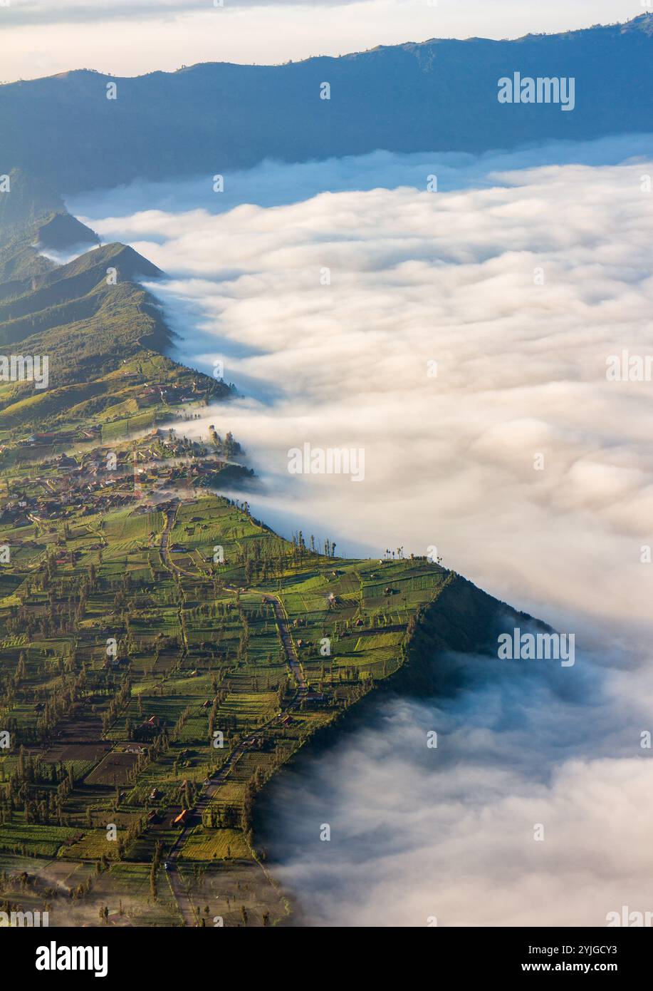 Village and Cliff at Bromo Volcano in Tengger Semeru national park ...