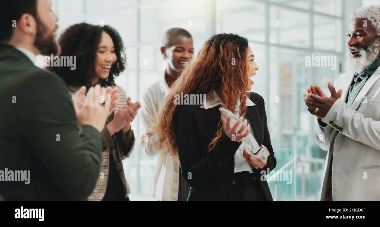 Business people, applause and achievement in office for award ...