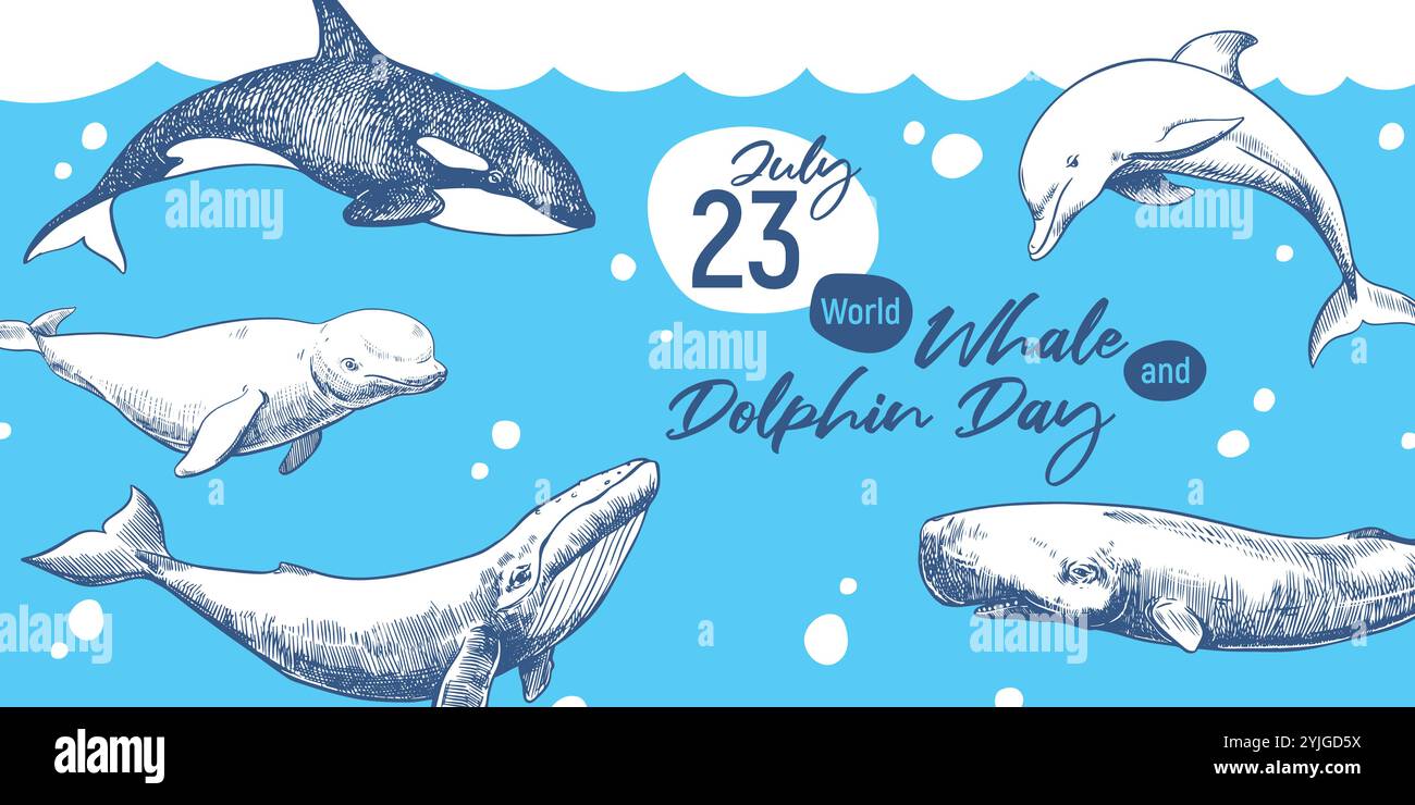 World Whale and Dolphin Day July 23. Vector horizontal poster. Whales ...