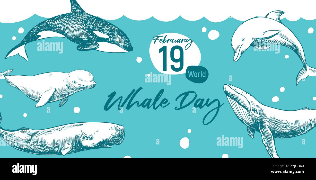 World Whale Day 19th February. Vector horizontal poster with cachalot ...