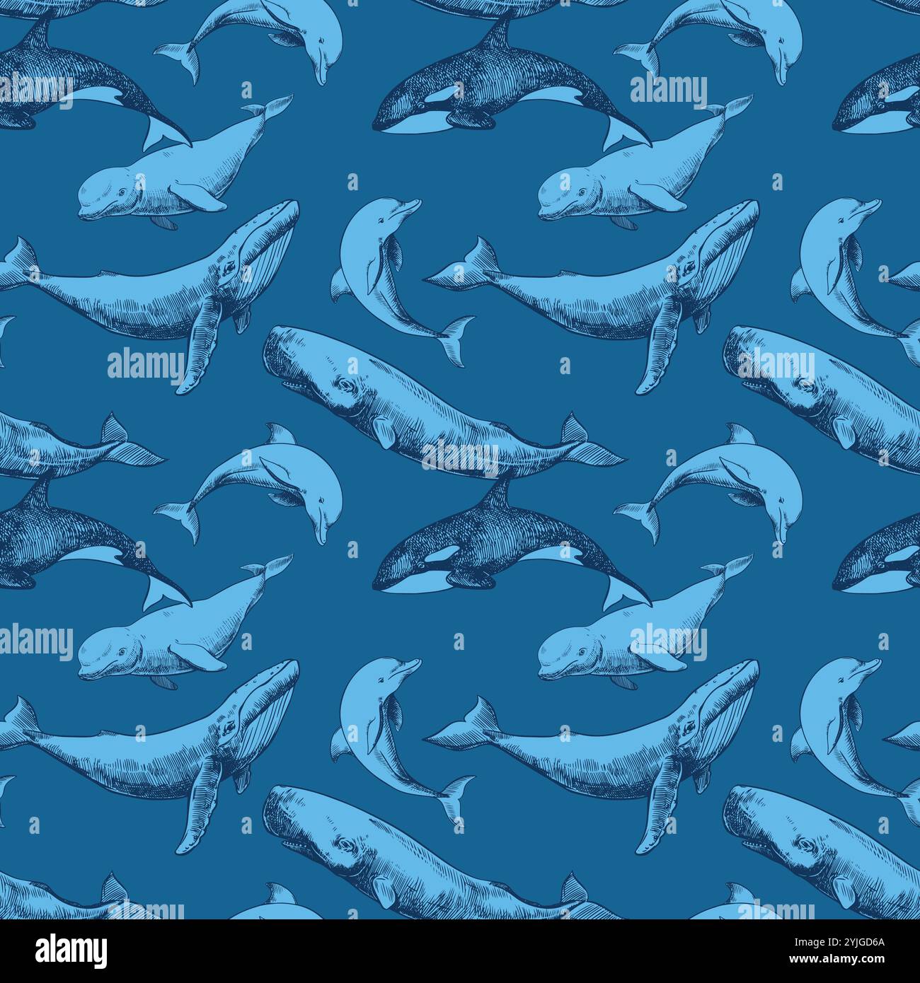 Seamless pattern with sea animals on a blue background. Hand drawn ...
