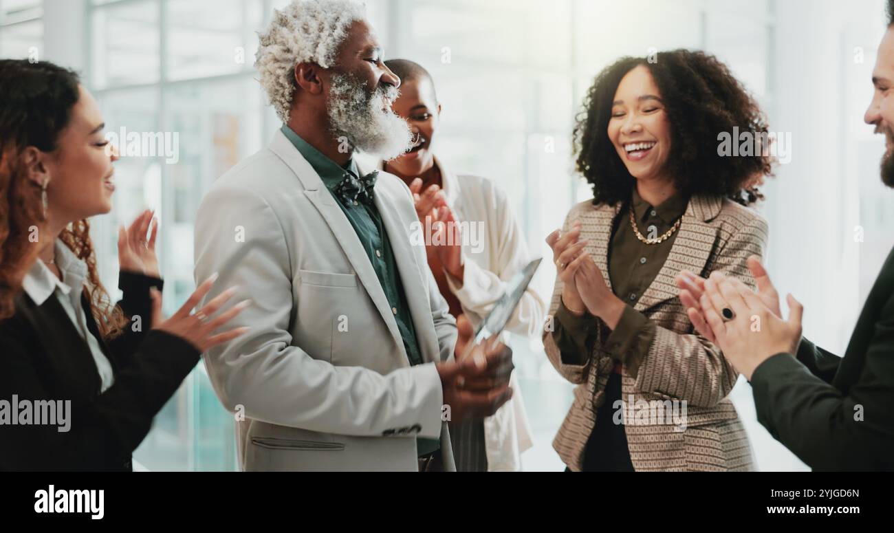 Business people, applause and celebration in workplace for award ...