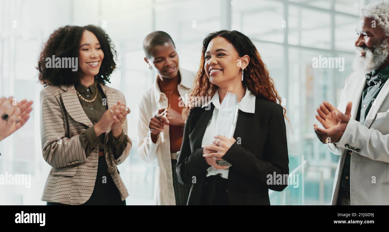 Business people, applause and celebration for award, achievement or ...