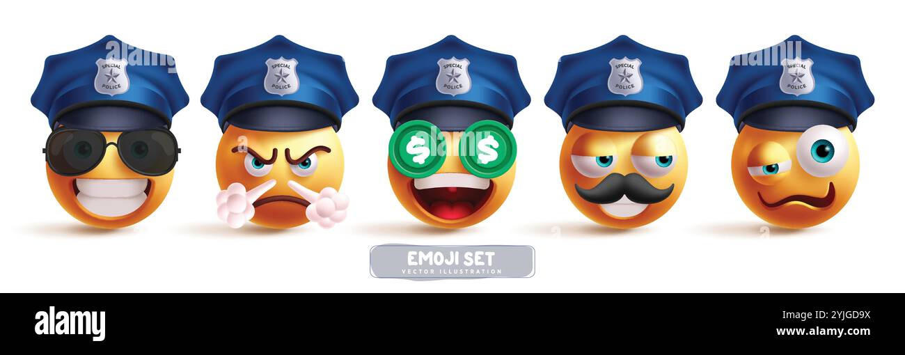 Police emoji characters vector set. Police officer emoticons in happy ...
