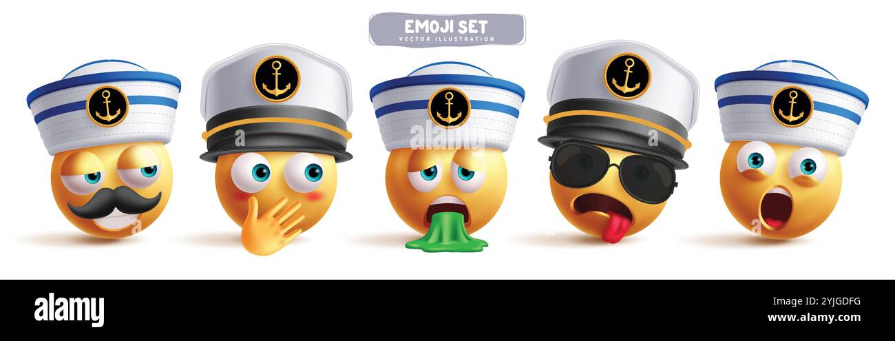 Marine emoji characters vector set. Emoji sailor ship captain character ...