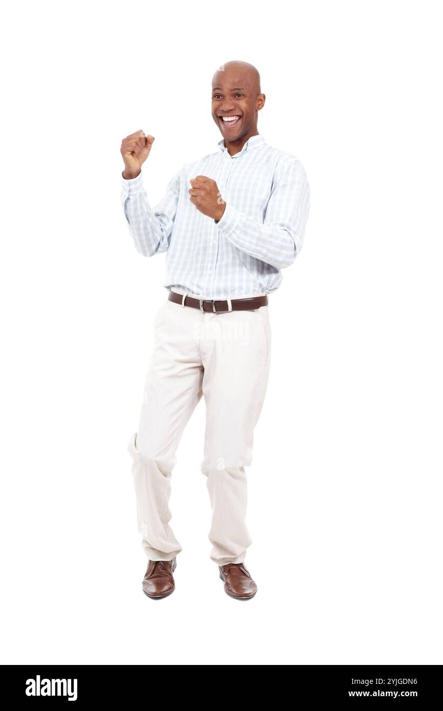 Happy, black man and dancing with celebration for winning, success or ...