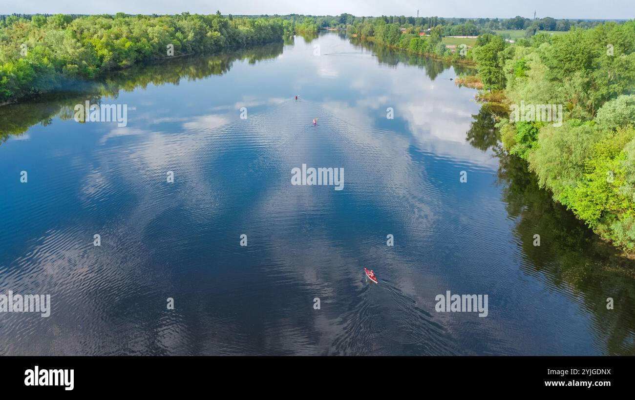 Aerial drone view of Kyiv cityscape, Dnieper and Dniester river, green ...