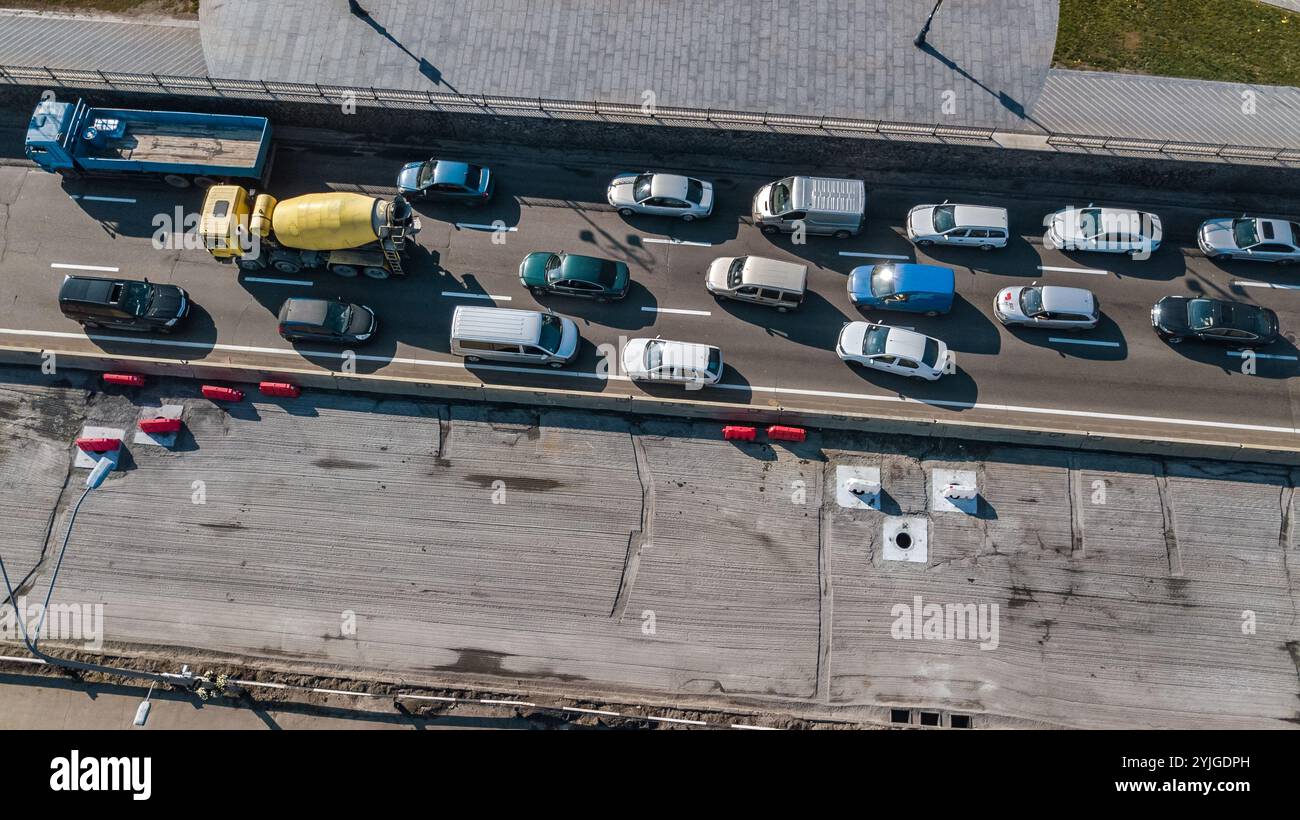 Aerial top view of road junction from above, automobile traffic and jam ...