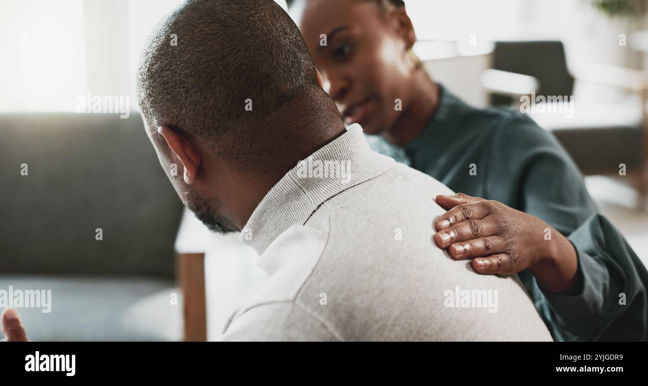 Black man, stress and empathy with therapist for therapy session or ...