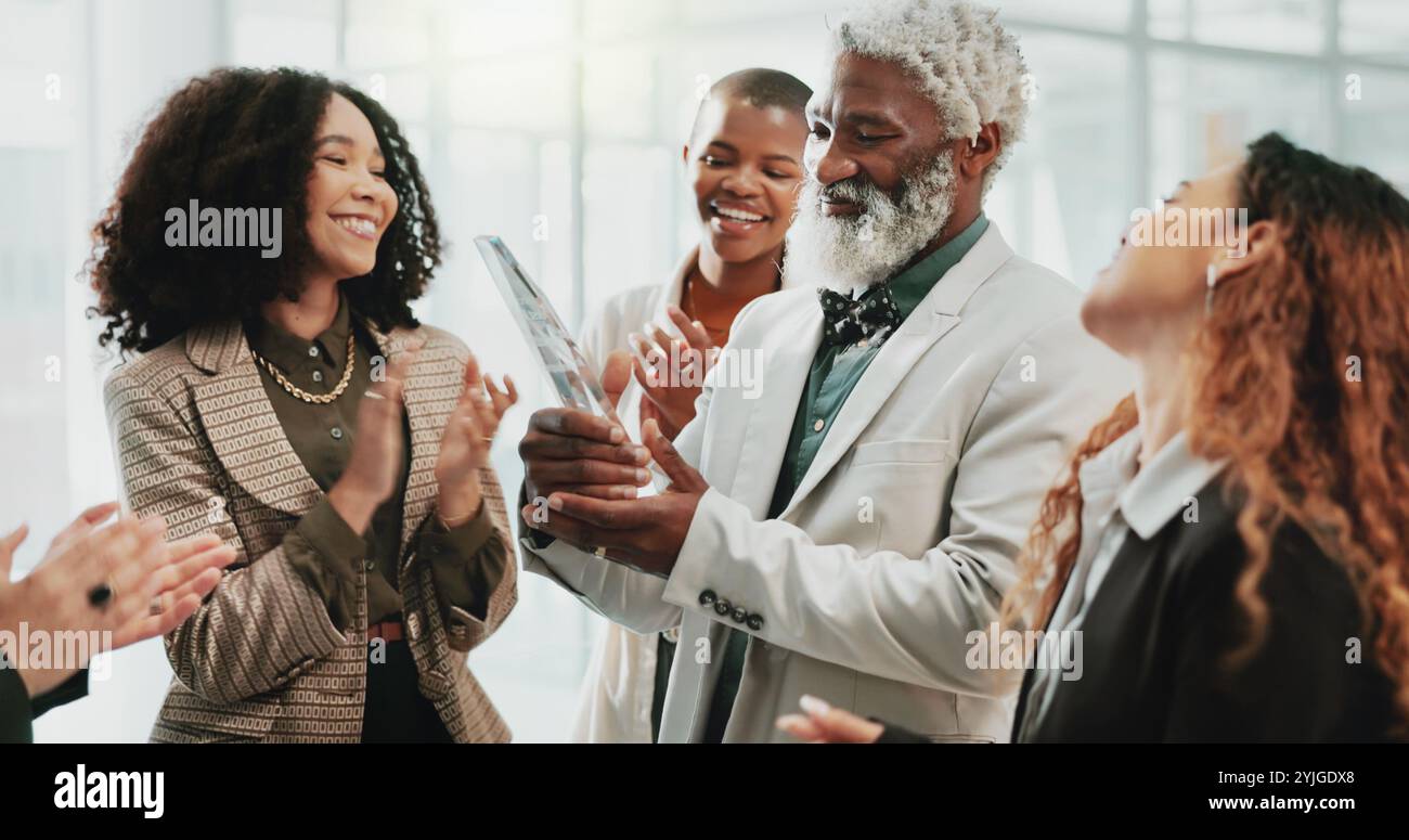 Business team, applause and celebration for award, achievement or ...