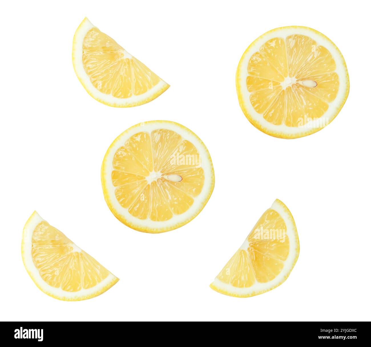 Top view set of fresh yellow lemon fruit in halves and slices or ...