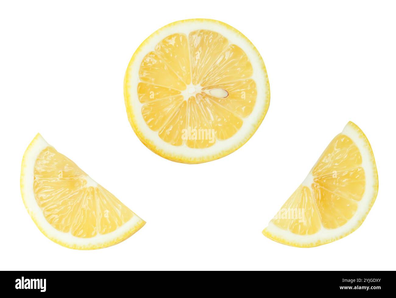 Top view set of fresh yellow lemon fruit in halves and slices or ...