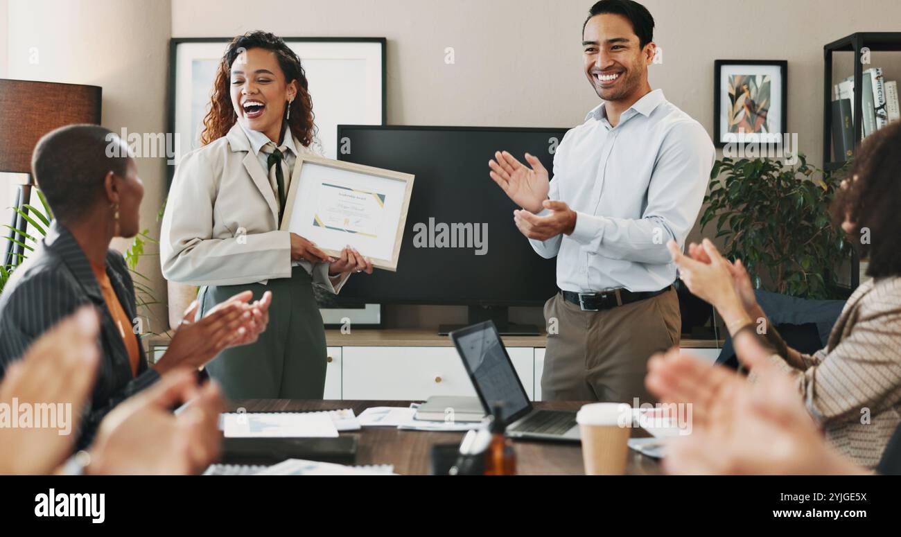 Office, woman and man with clapping hands at award ceremony for ...
