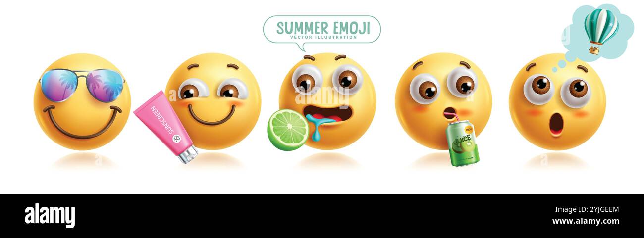 Summer emoji characters vector set. Emojis summer clip art character ...