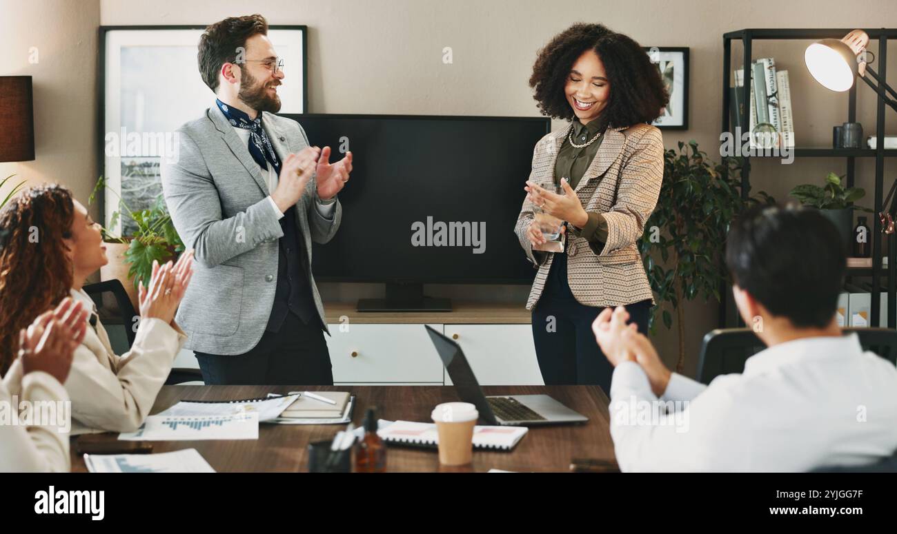 Business, woman and happy for award with applause for achievement, success and well done. People ...