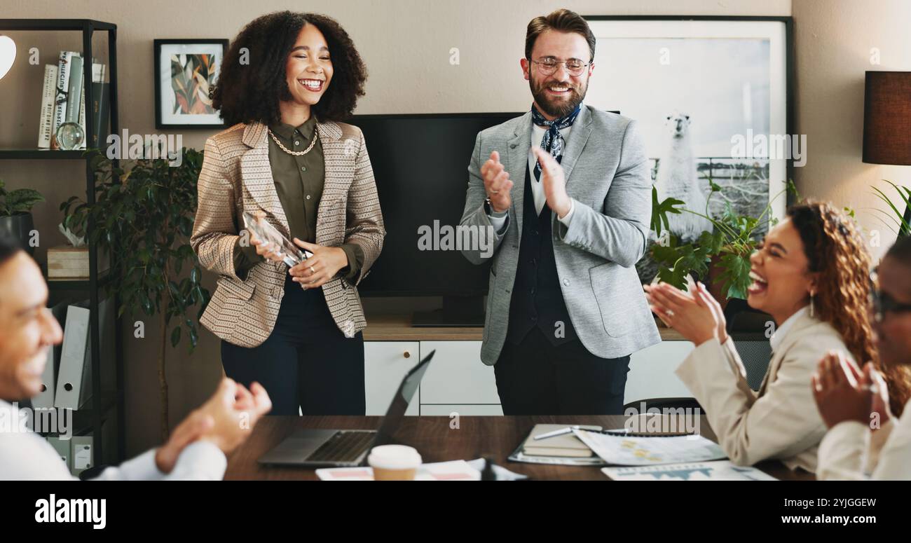 Business, people and happy for award with applause for achievement, success and well done ...