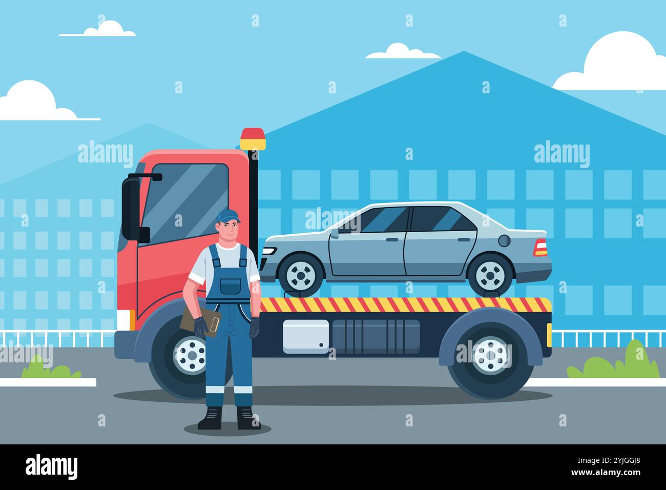A vector illustration of Tow Truck Driver Transporting a Car Stock ...