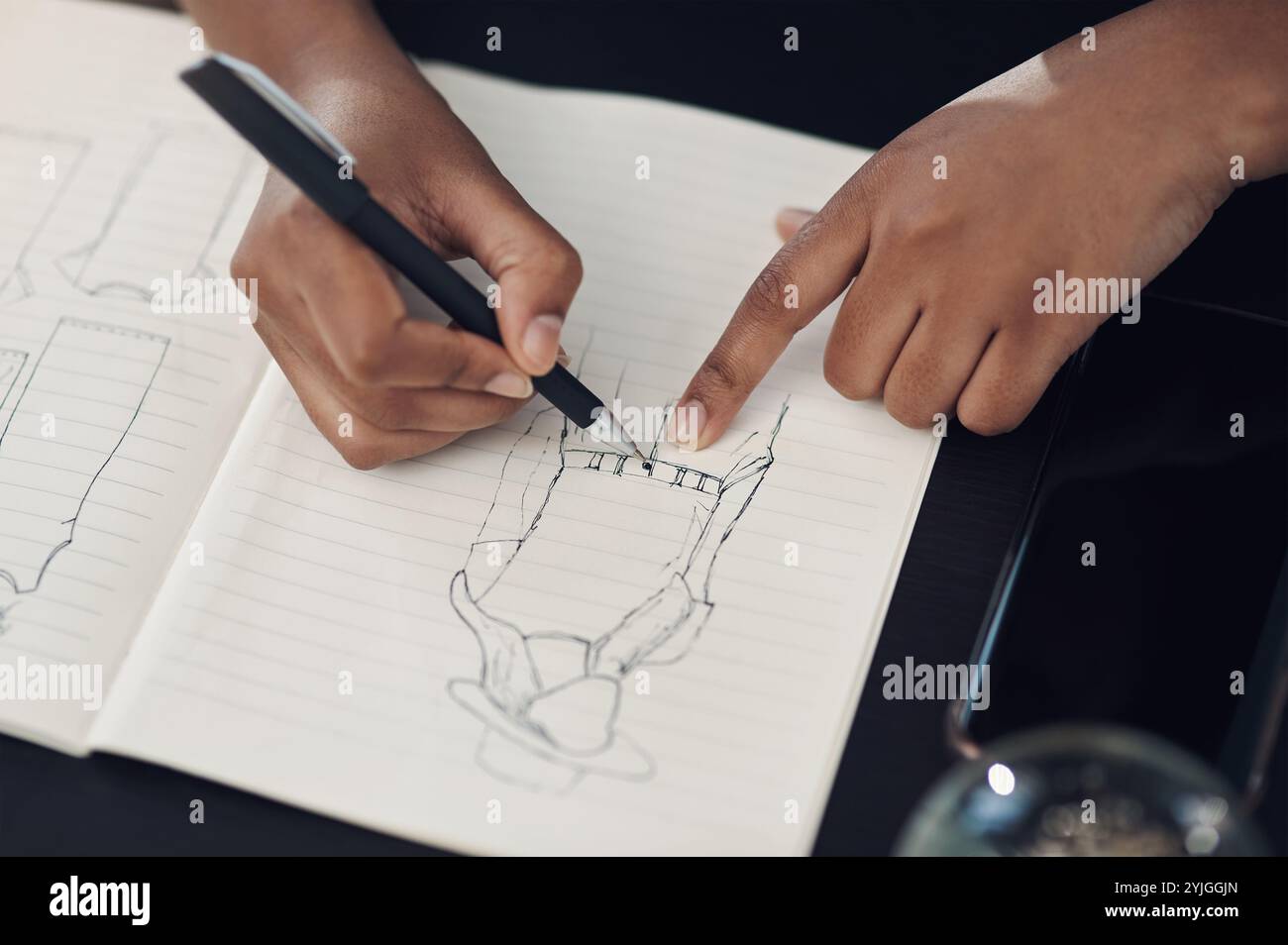 Hands, drawing and designer with notebook for fashion ideas, sketch ...