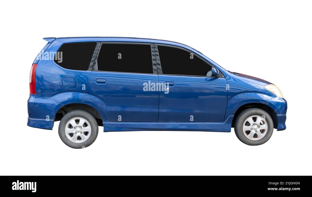 Side view of blue hatchback car is isolated on white background with ...