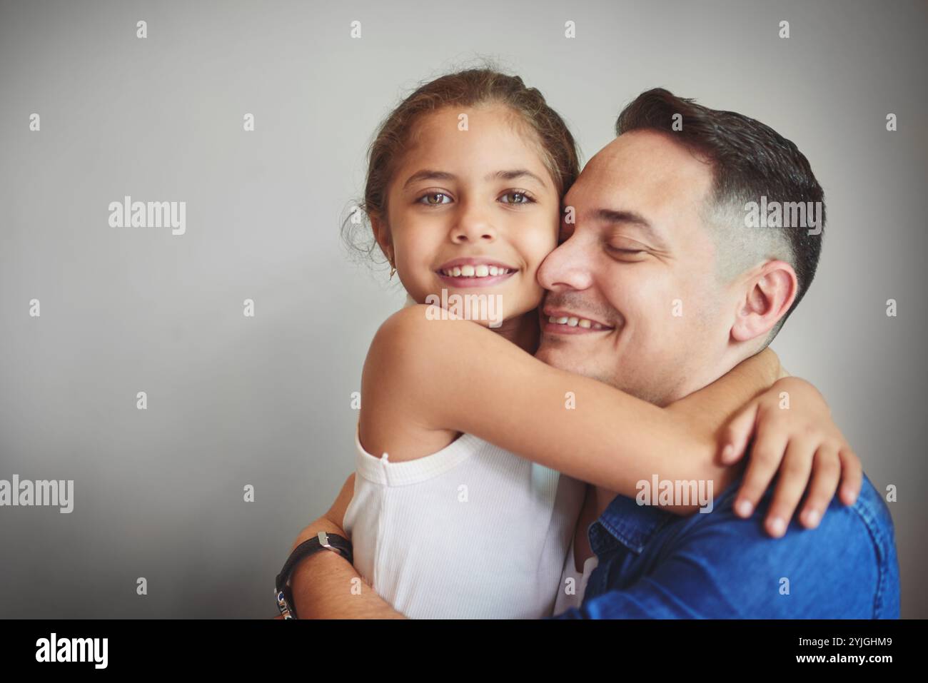 Smile, father and daughter hug with love for affection, security and bonding together of ...