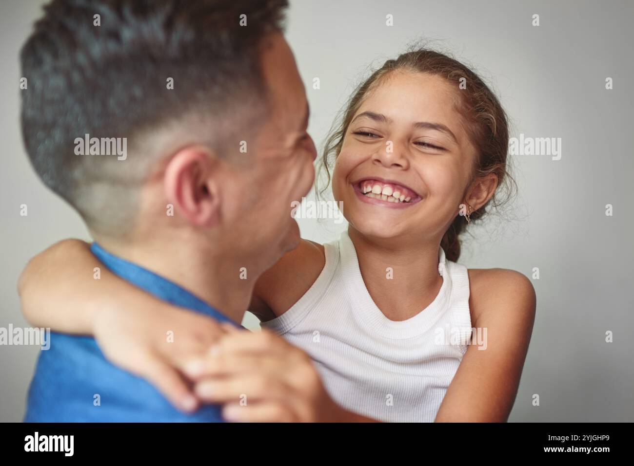 Smile, father and daughter hug with love for affection, security and ...