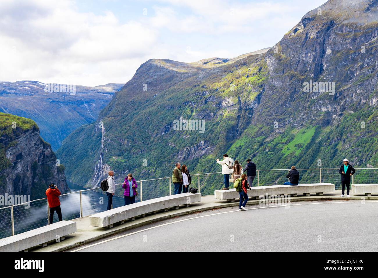Geirangerfjord aerial panoramic view from Ornesvingen eagle road ...