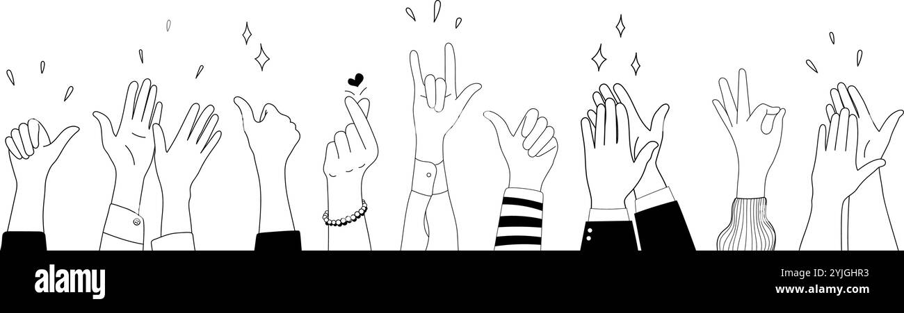 Doodle sketch hands up gestures comic icons silhouettes vector set ...