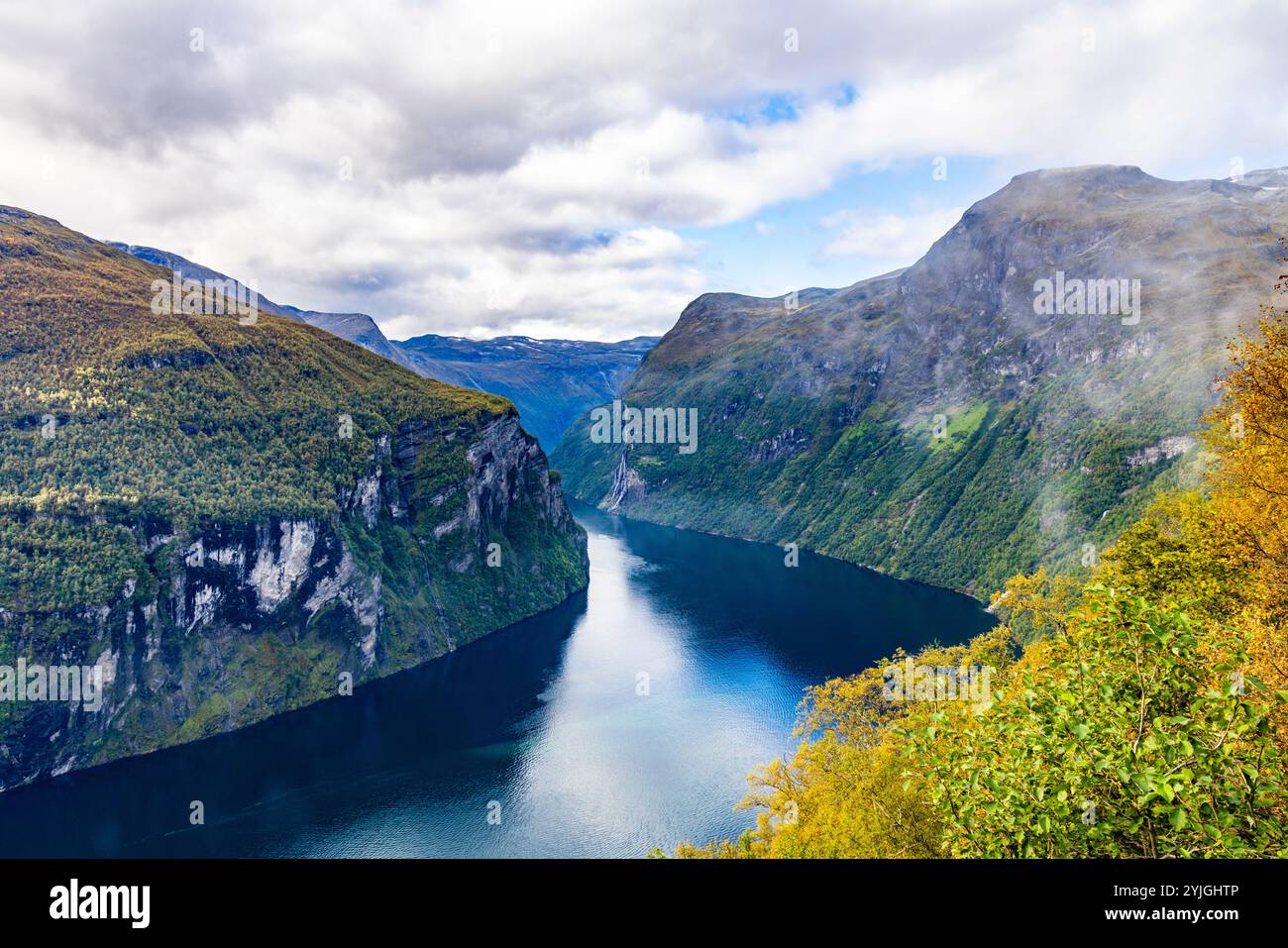 Scenic view along UNESCO world heritage Geirangerfjord in autumn with ...