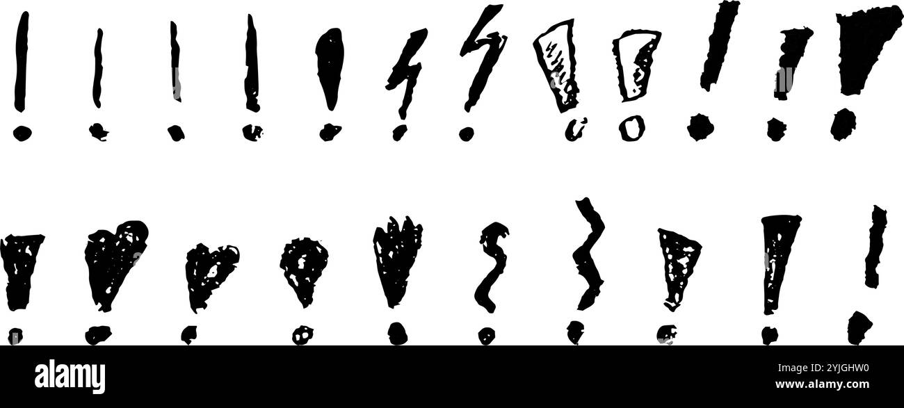 Exclamation marks symbols set. Black crayon hand written signs. Doodle ...
