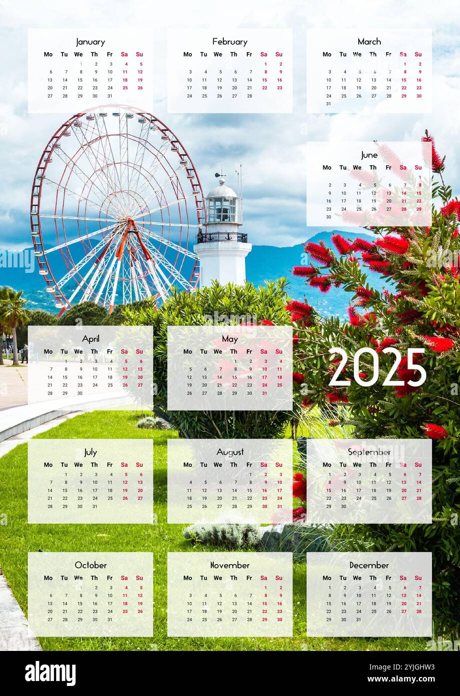 Ferris wheel, lighthouse and red flowers in the 2025 calendar Stock ...