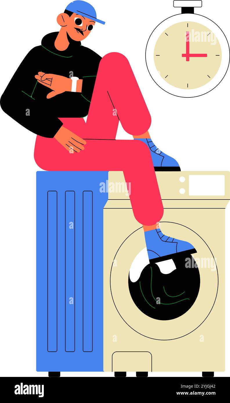 Man Sitting On Washing Machine With Timer In Flat Vector Illustration ...