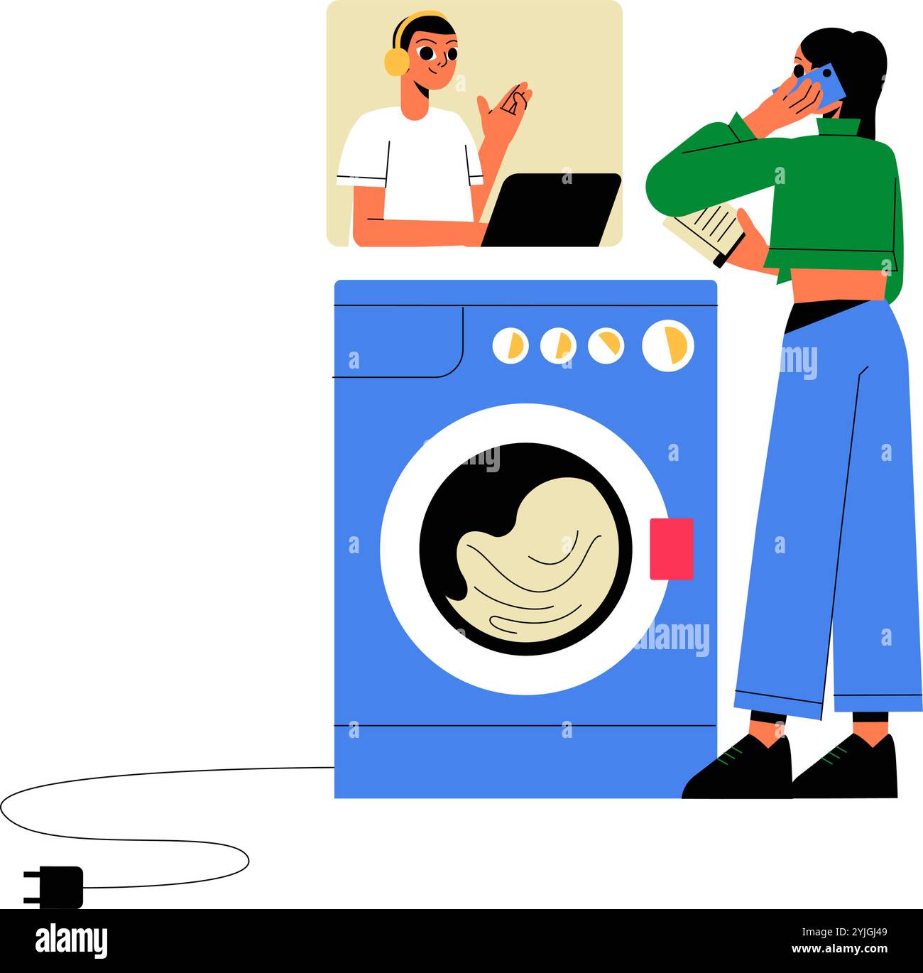 Woman Using Washing Machine While Video Calling In Flat Vector ...