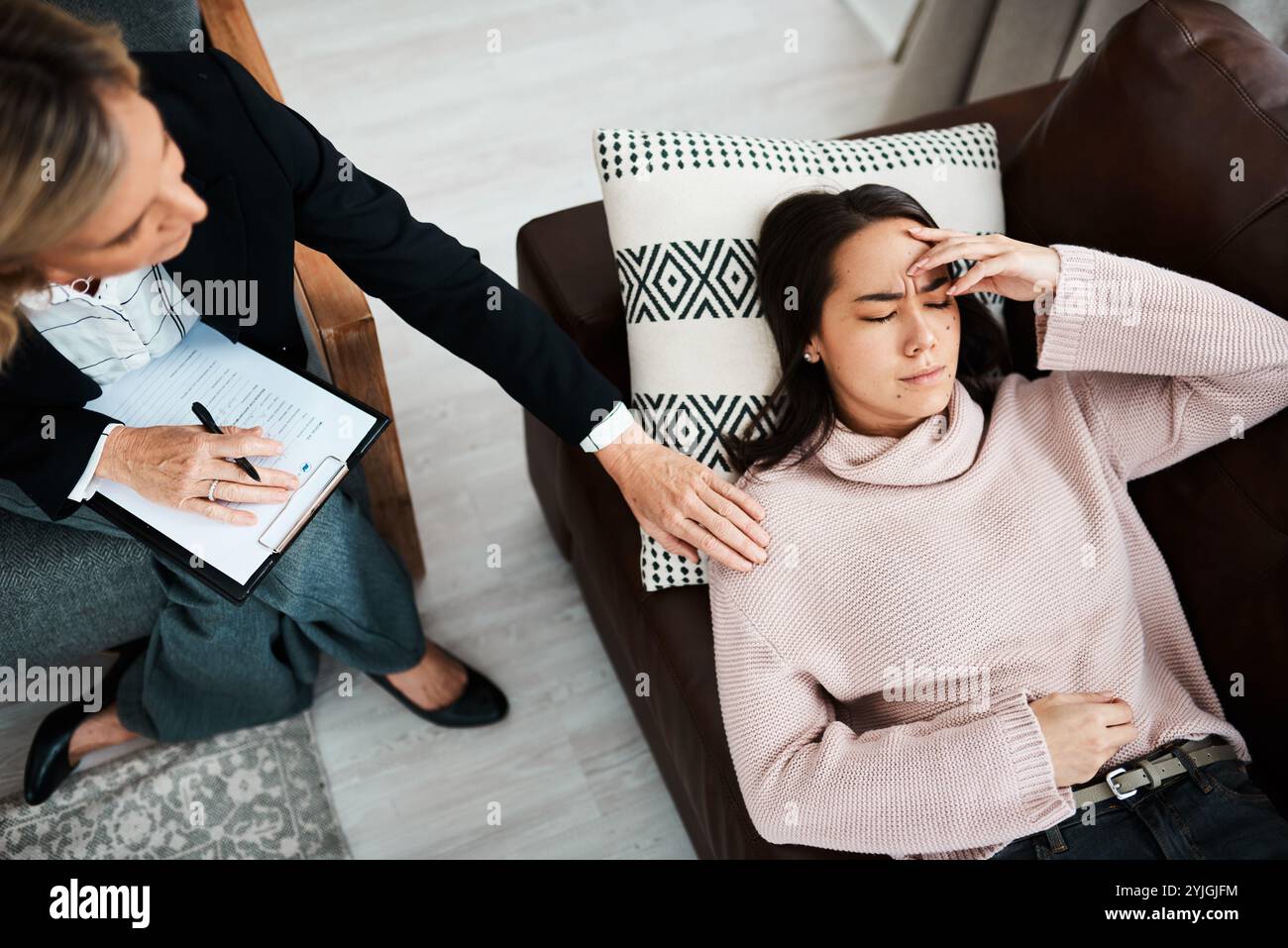 Above woman, therapist and notes for counselling, help and empathy for ...