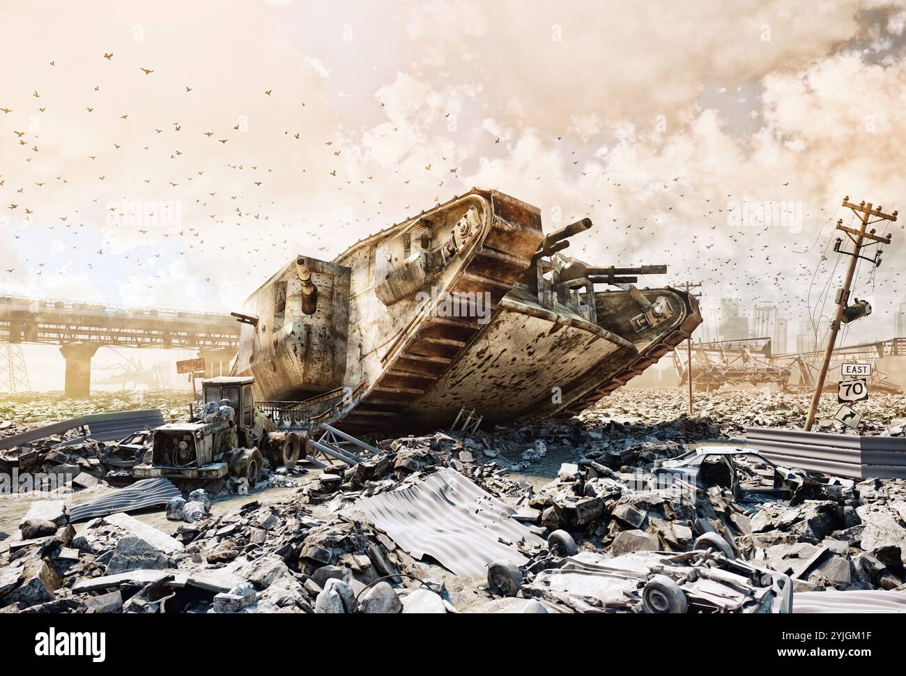 futuristic war scene with monster tank. 3d rendering digital art Stock ...