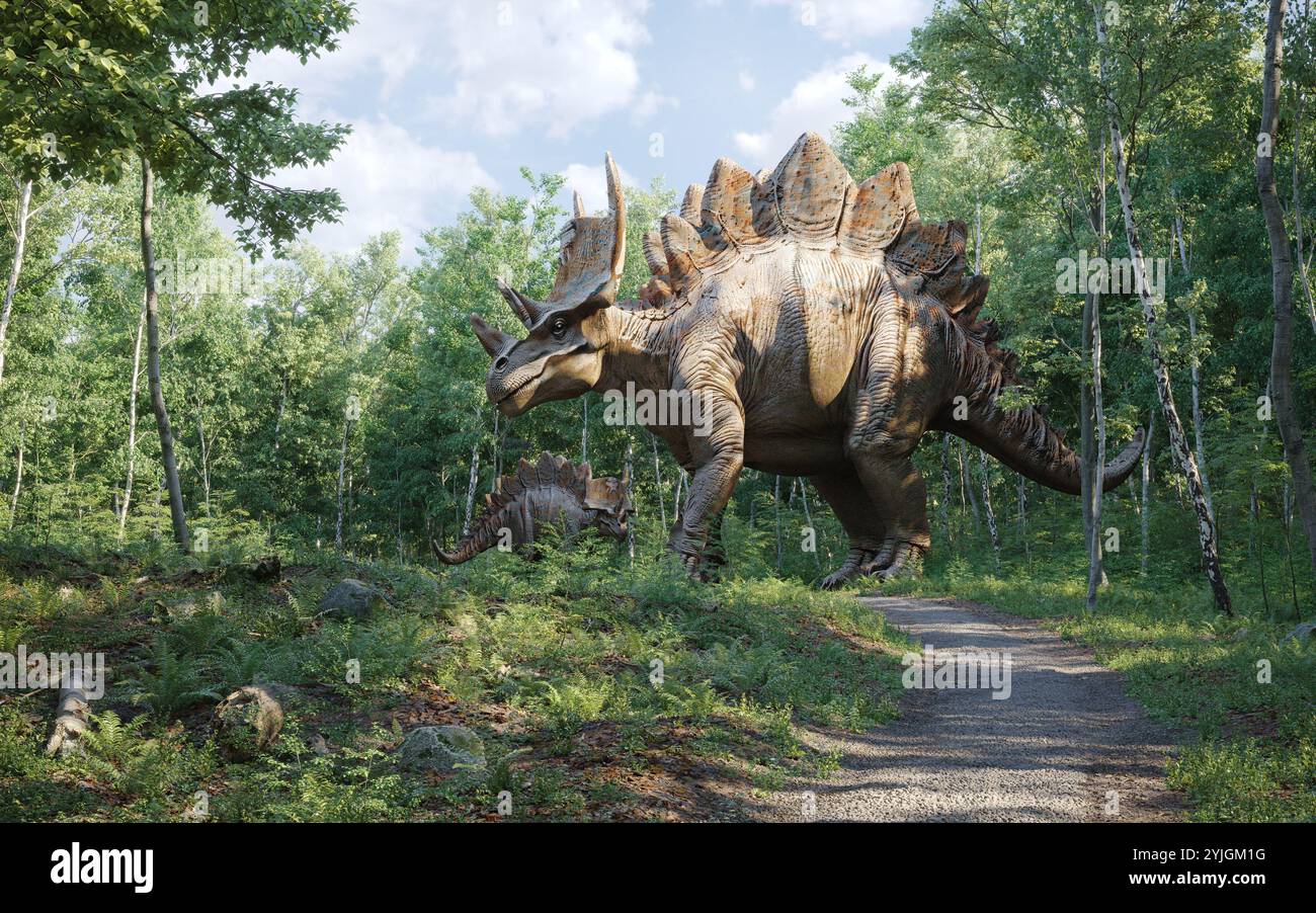 A realistic dinosaur roaming through a dense, sunlit forest. 3d render ...