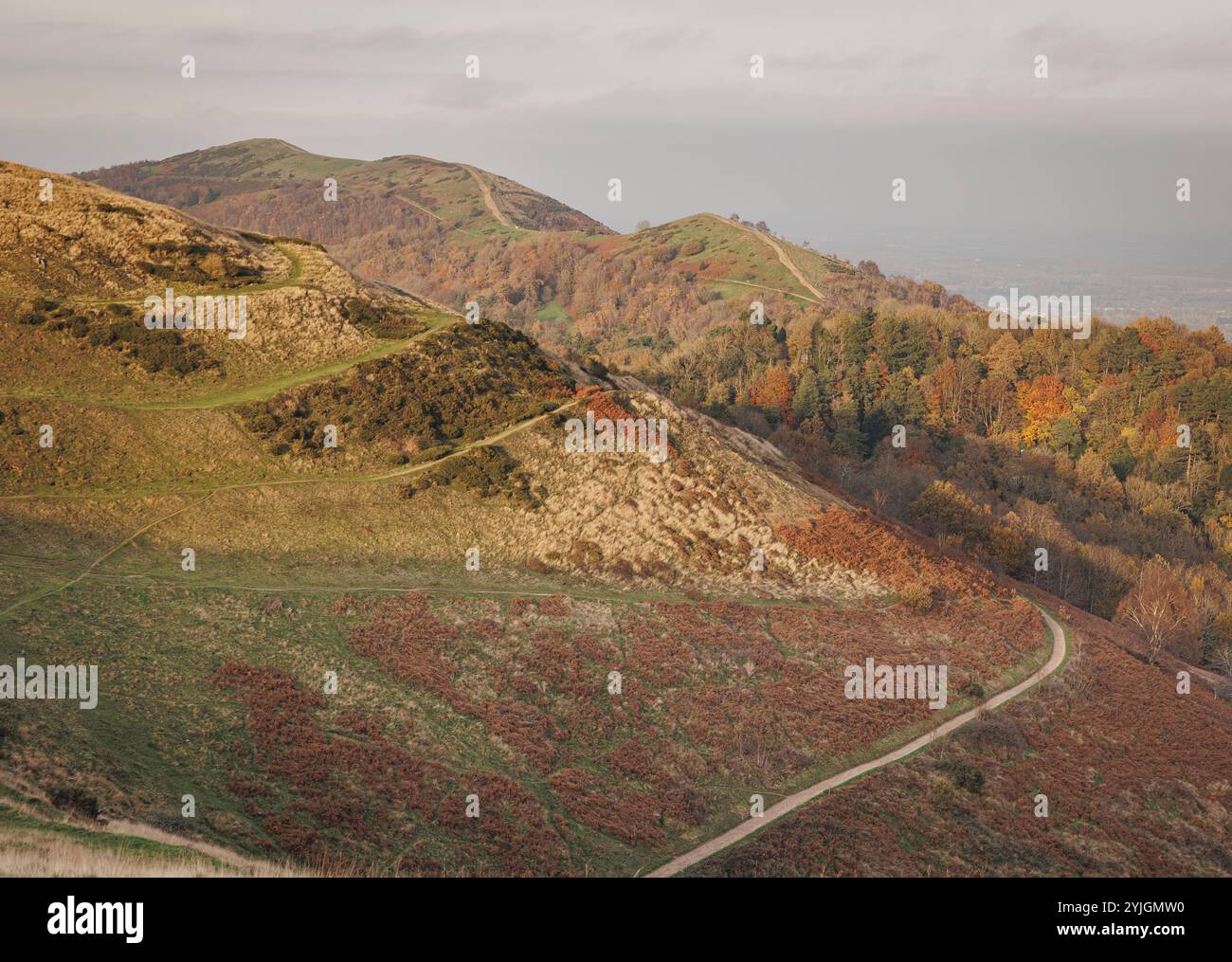 An ancient Stone Age fort in the Malvern Hills UK, with a rolling hills ...