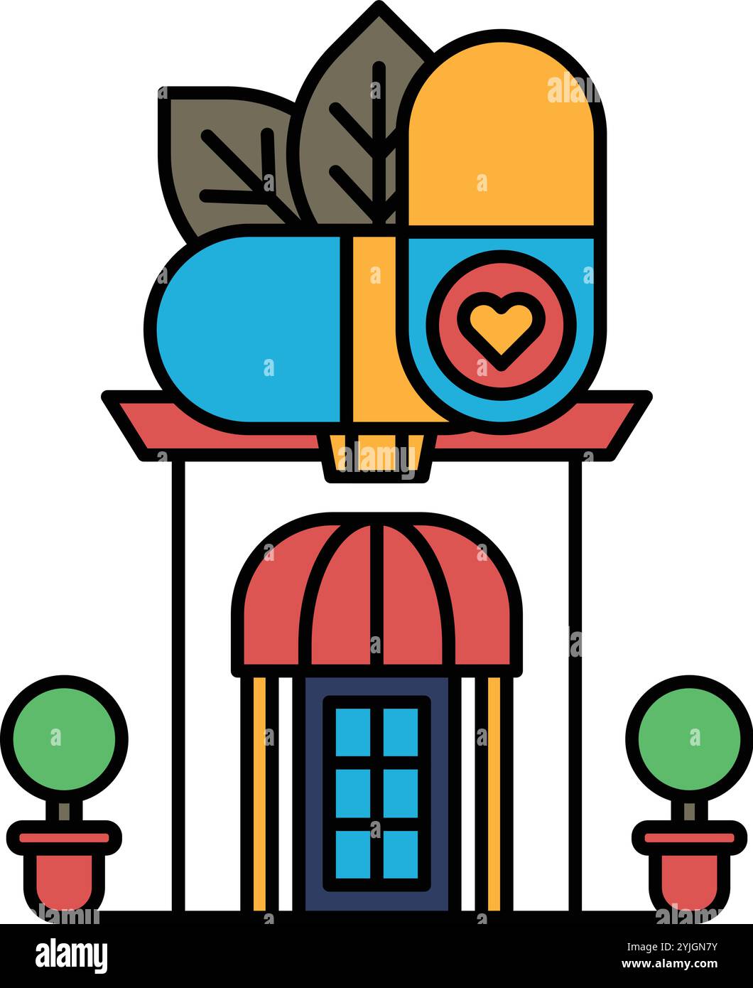 Illustration of a building and a medicine in line drawing style Stock ...