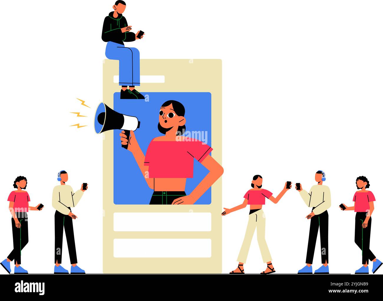 Social Media Influencer With Megaphone And Fans In Flat Vector ...