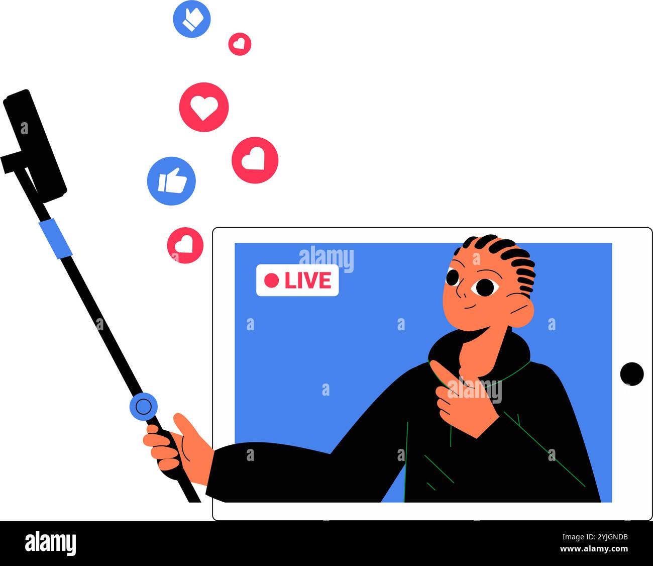 Male Influencer Streaming Live With Selfie Stick And Social Media Icons ...