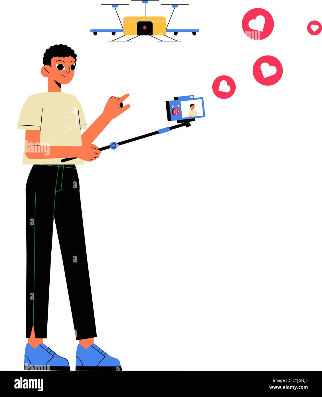Male Content Creator Filming With Drone In Flat Vector Illustration ...