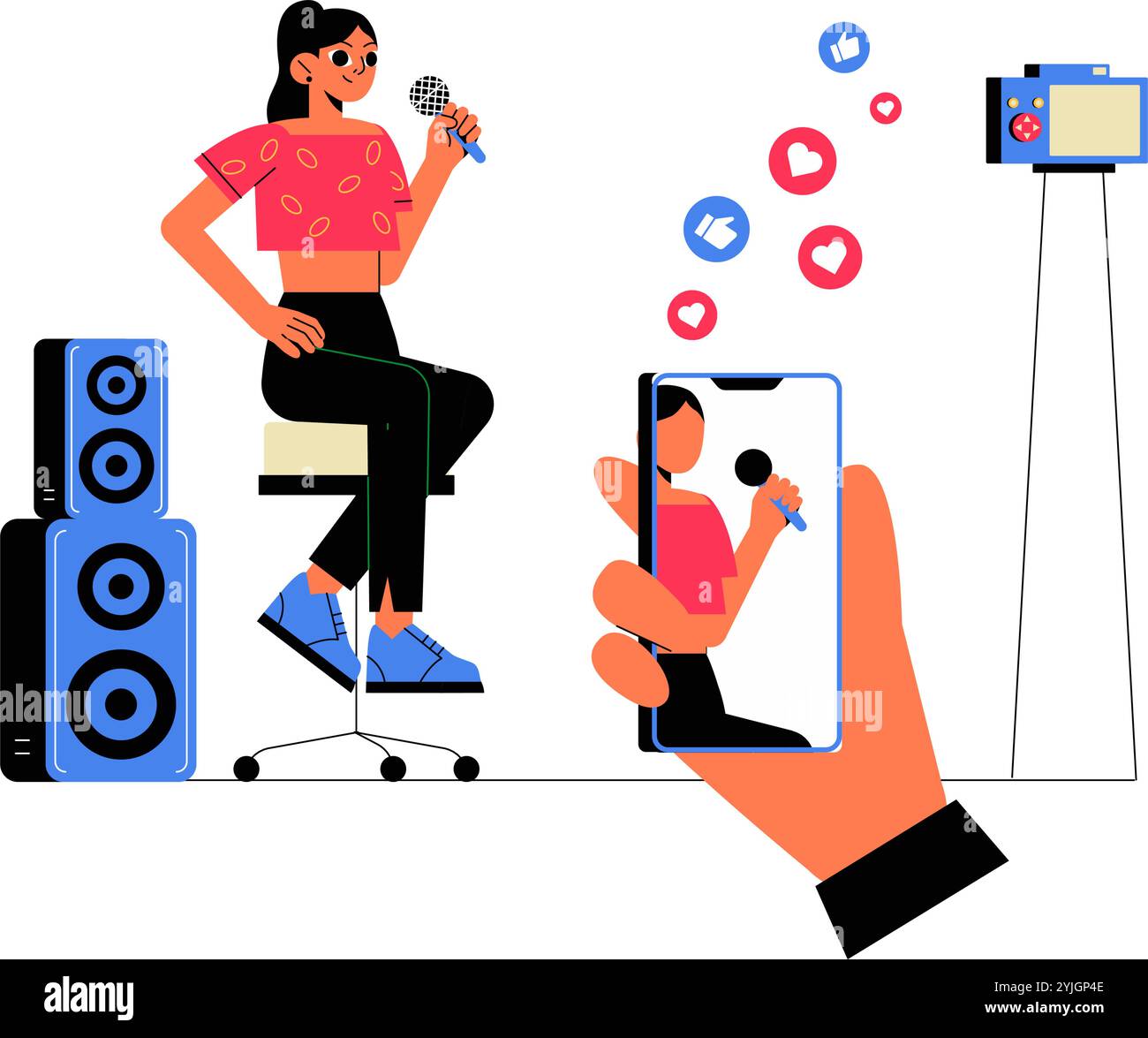 Female Singer Performing With Microphone in Flat Vector Illustration ...