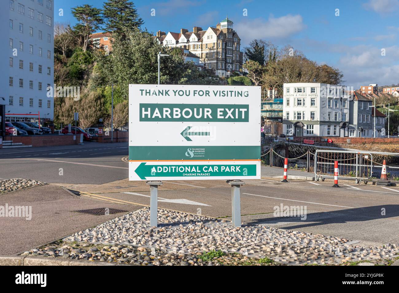 The sign for the exit from Folkestone's Harbour Arm car park Stock ...