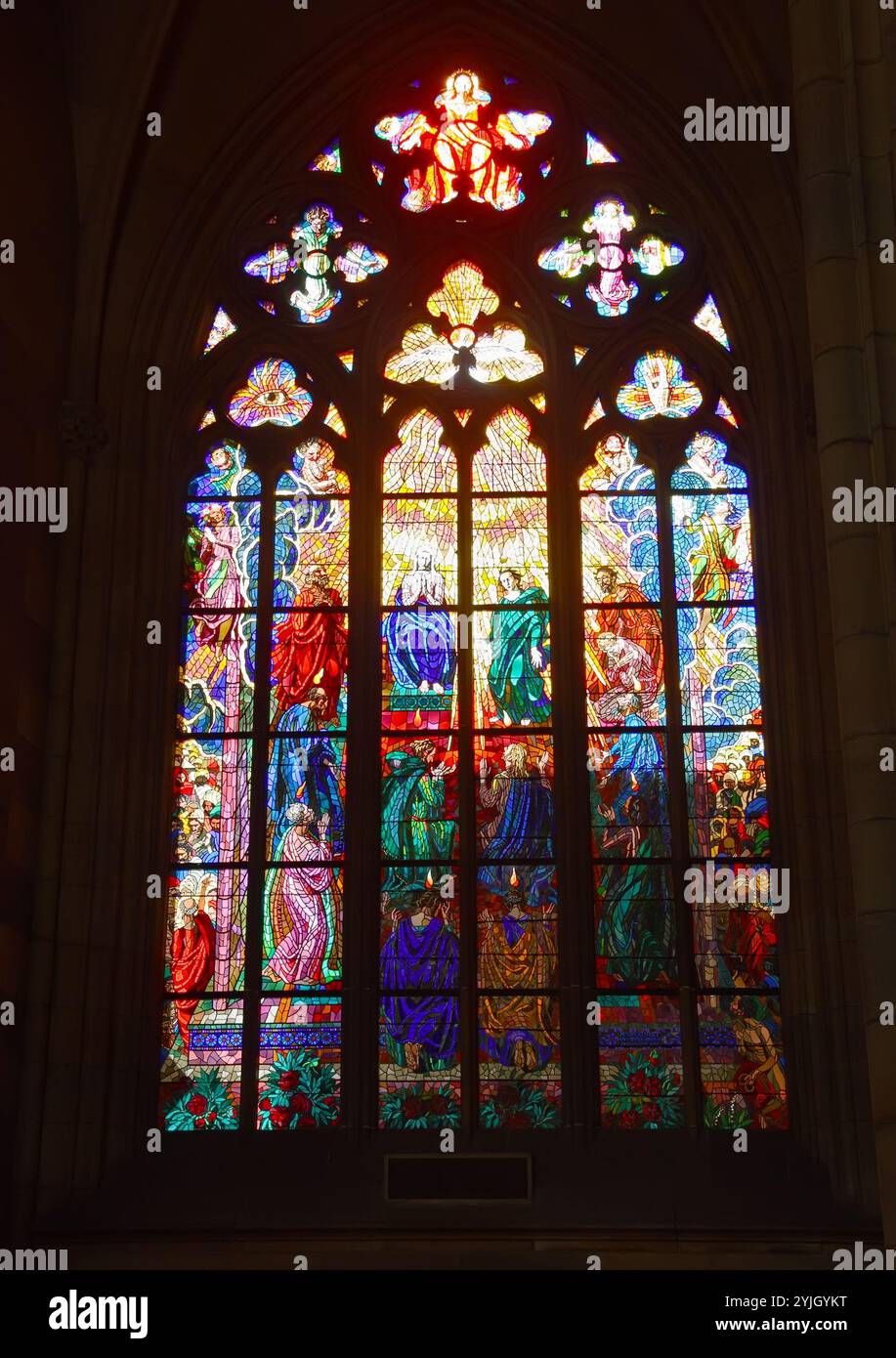 Stained-glass window in Catholic temple. Prague Stock Photo - Alamy