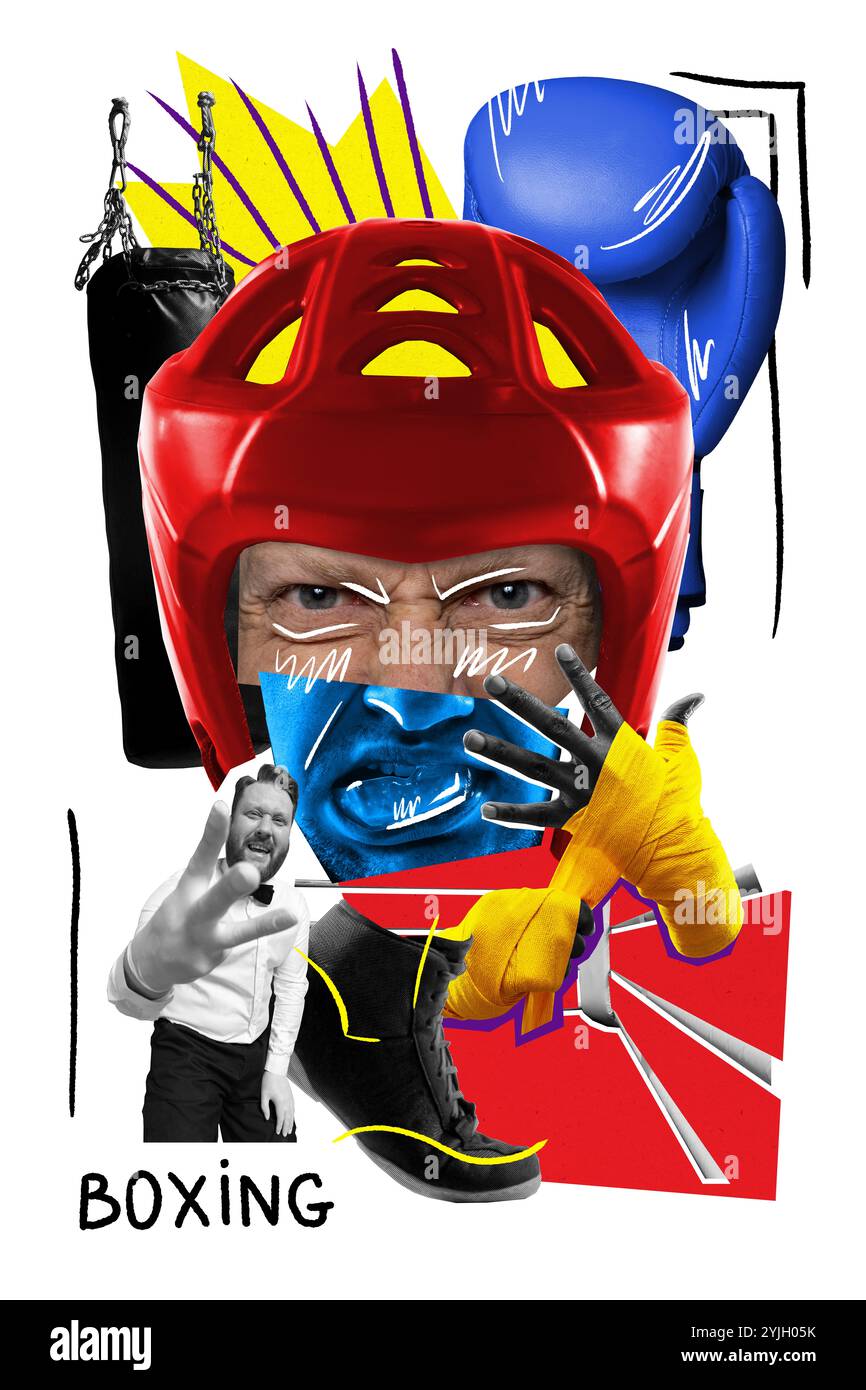 Artistic boxing collage with person in red helmet, boxing gloves, and ...