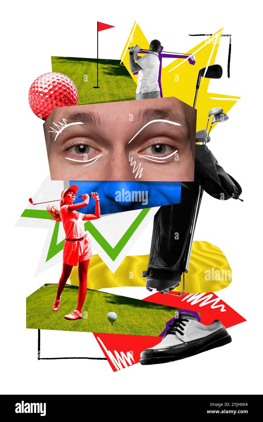 Golf elements, including players, golf ball, and green turf, layered ...