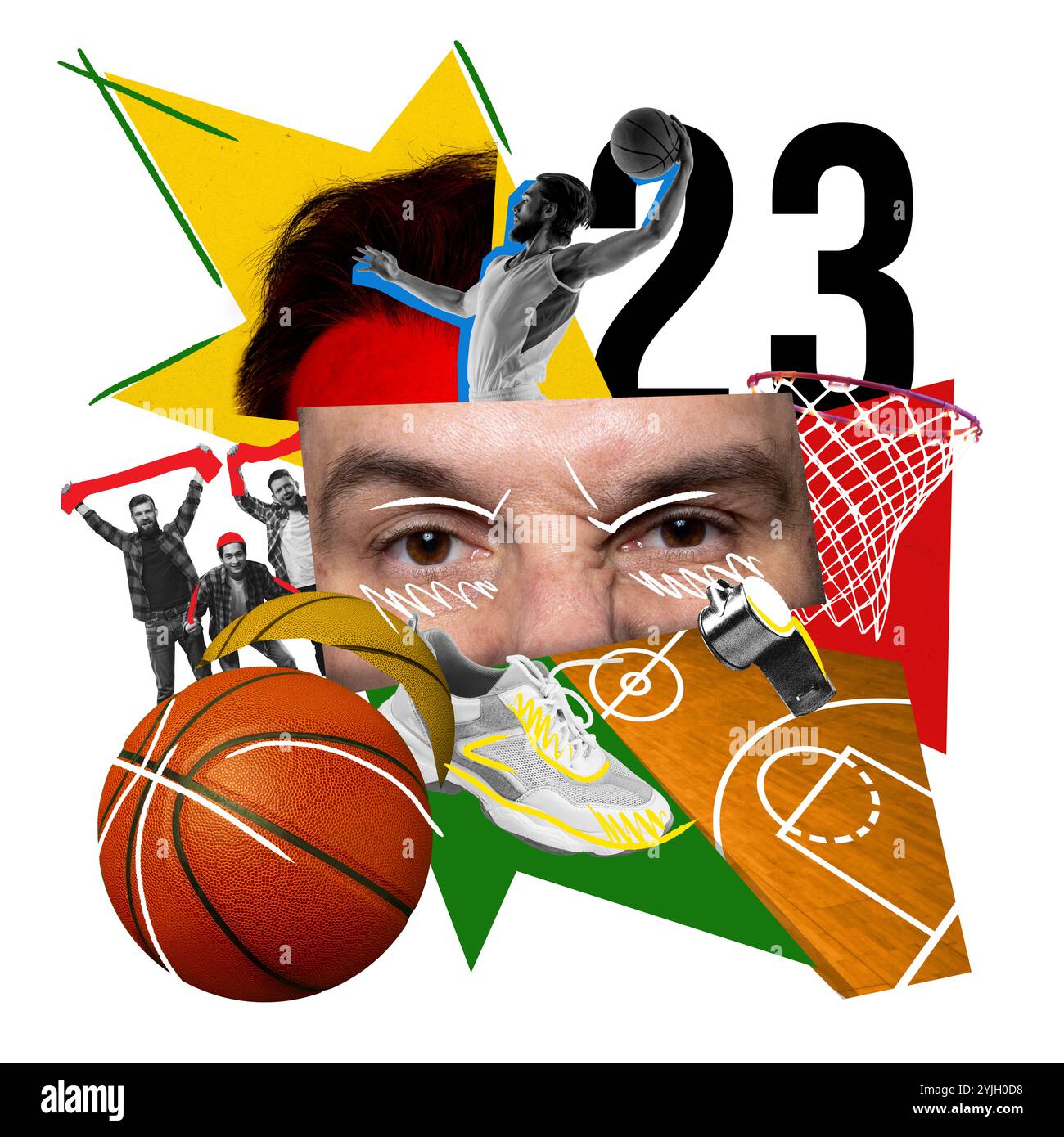 Modern basketball collage with players, basketball, and hoop, layered ...
