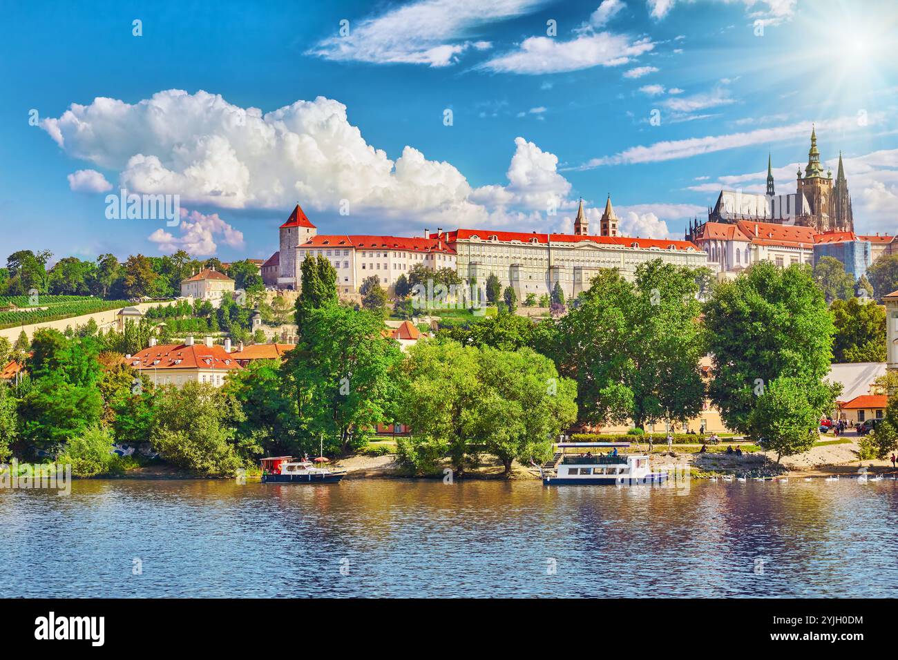 View of Prague Castle from waterfront- famous historic bridge that ...