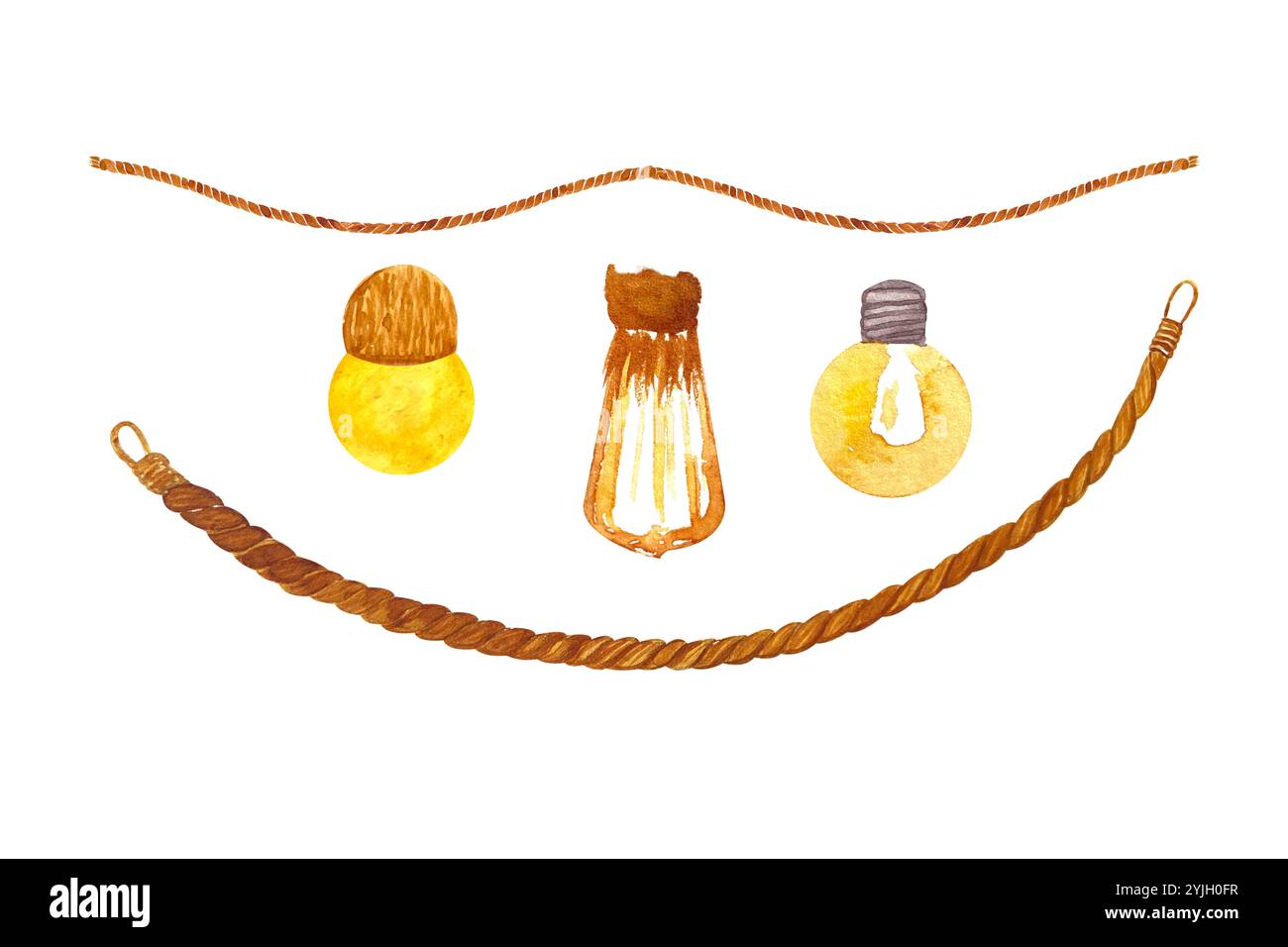 Jute rope stretched for hanging decor, light bulbs set isolated on ...