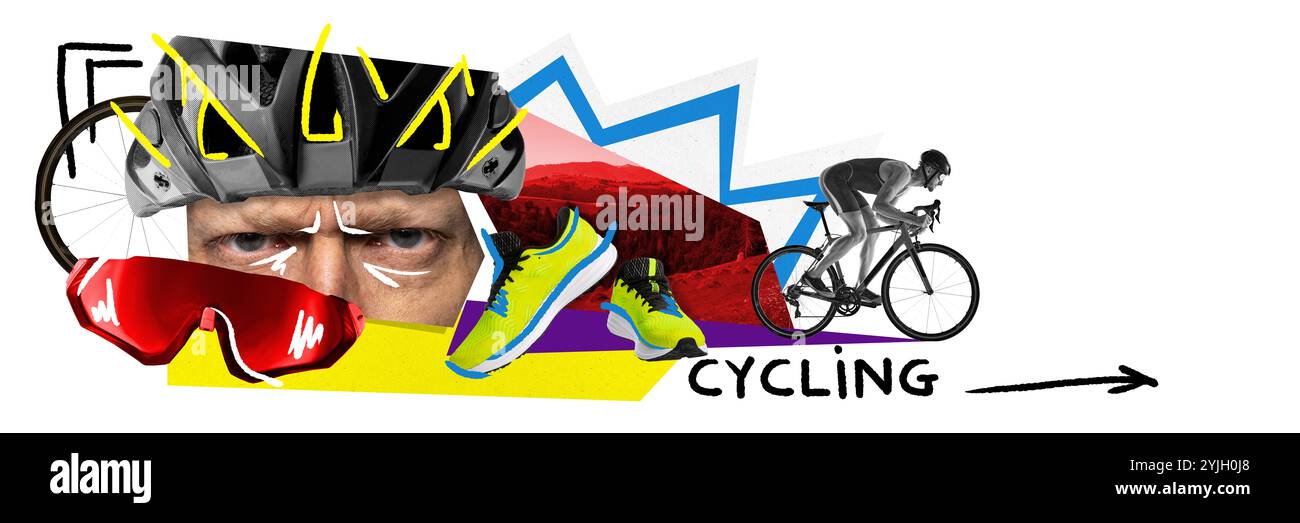 Modern collage featuring male cyclist, helmet, and shoes, blended with ...